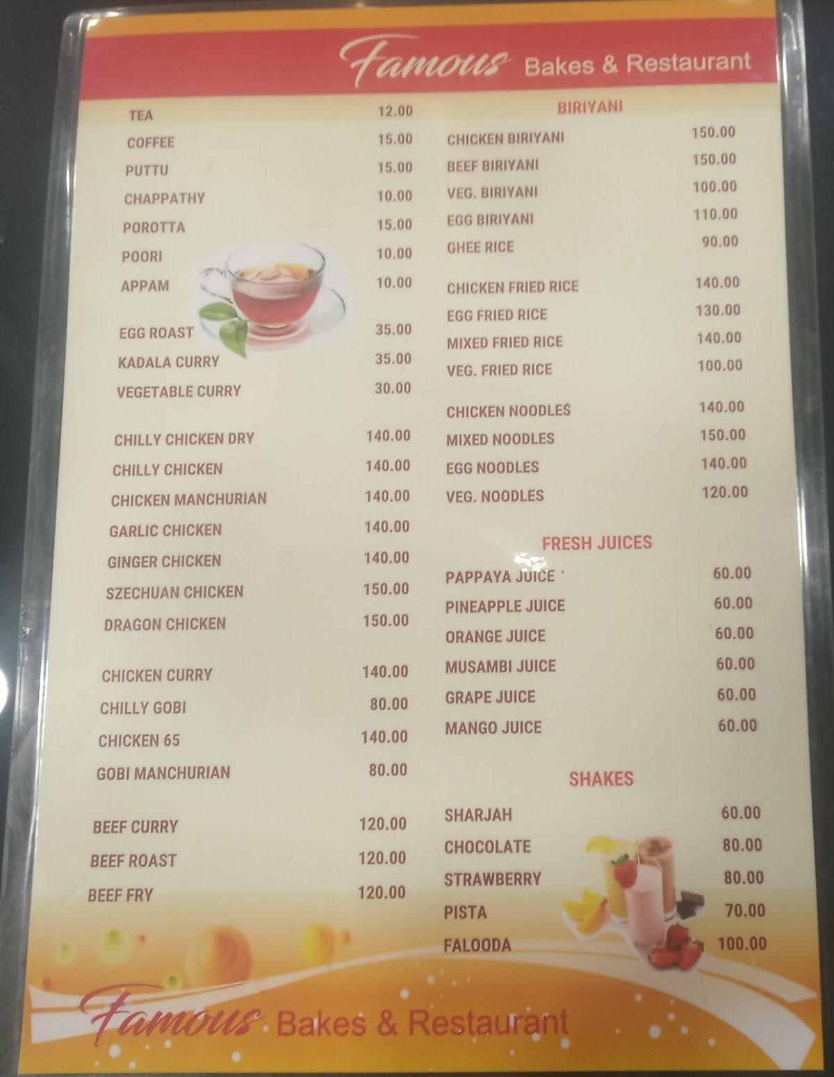 Menu at Famous bakers, Ernakulam, 286C+HQC