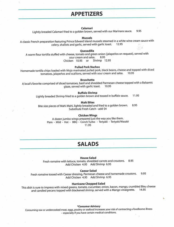 Menu at Hurricane Hole restaurant, Stock Island