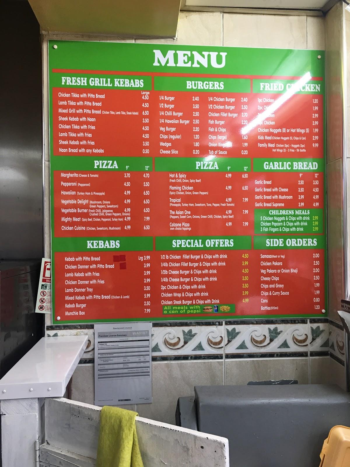 Menu at Kebab Hut, Blackpool