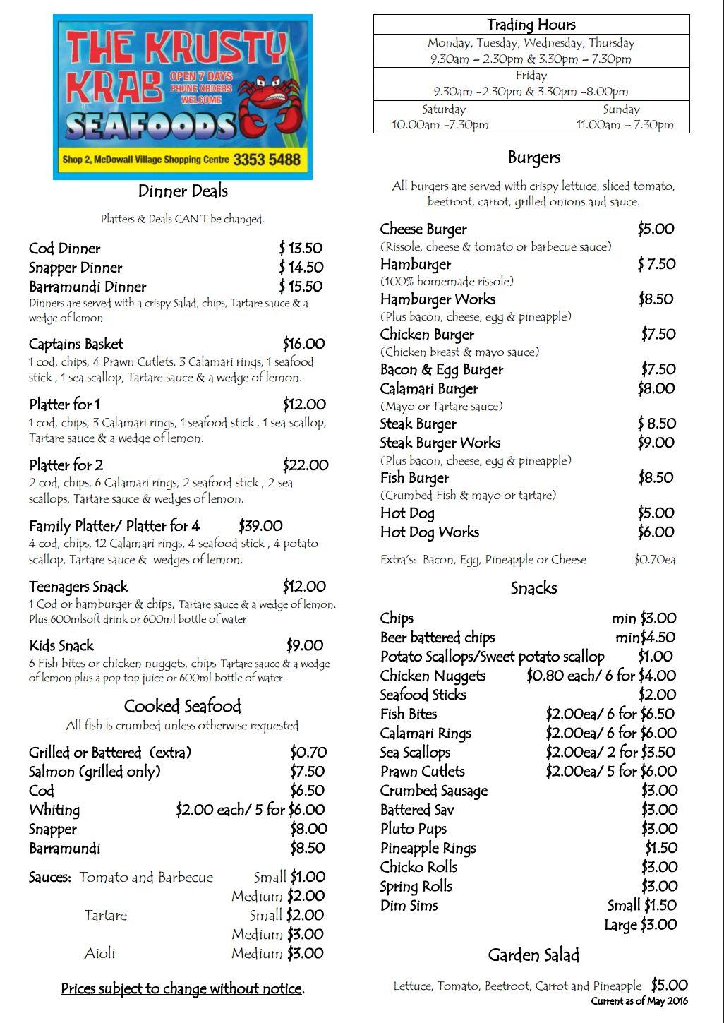 Menu at The Krusty Krab Seafoods fast food, McDowall