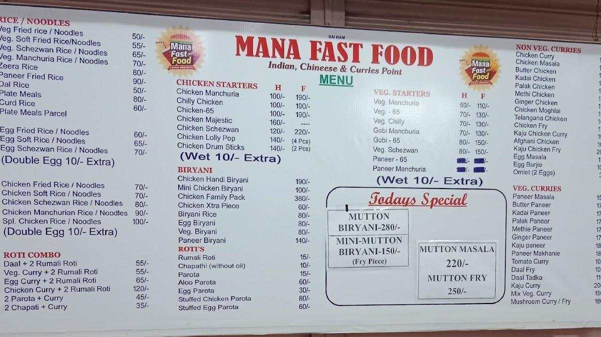 Menu at Mana Fast Food, India
