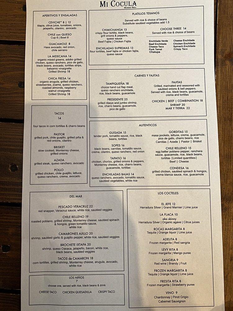 Menu at Mi Cocula Mexican Grill restaurant, Fort Worth