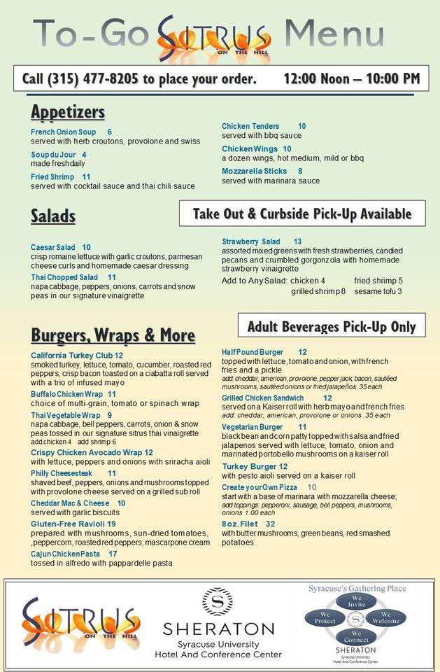 Menu at Sheraton Syracuse University Hotel & Conference Center ...