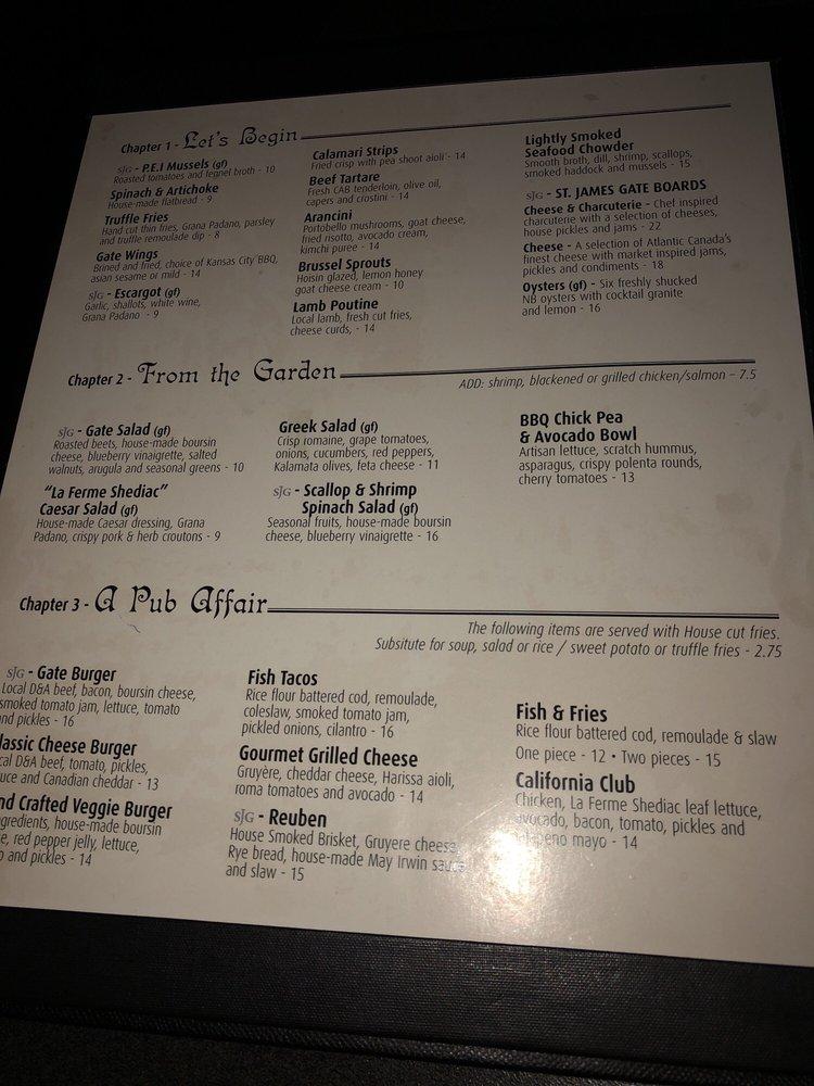 Menu at St. James' Gate steakhouse, Moncton, 14 Church St