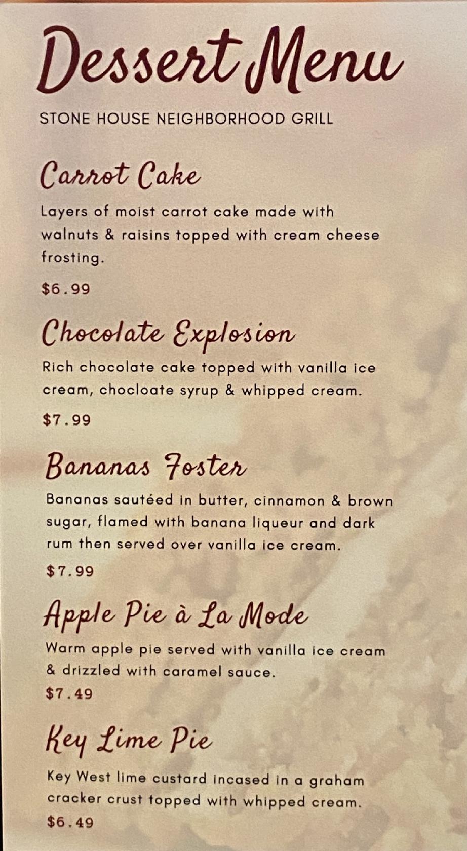 Menu at Stone House Neighborhood Grill steakhouse, Newberry