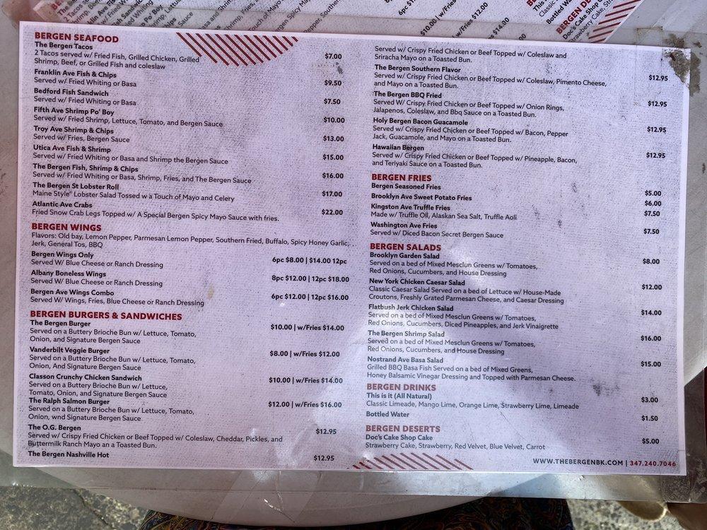 Menu at The Bergen restaurant, New York City