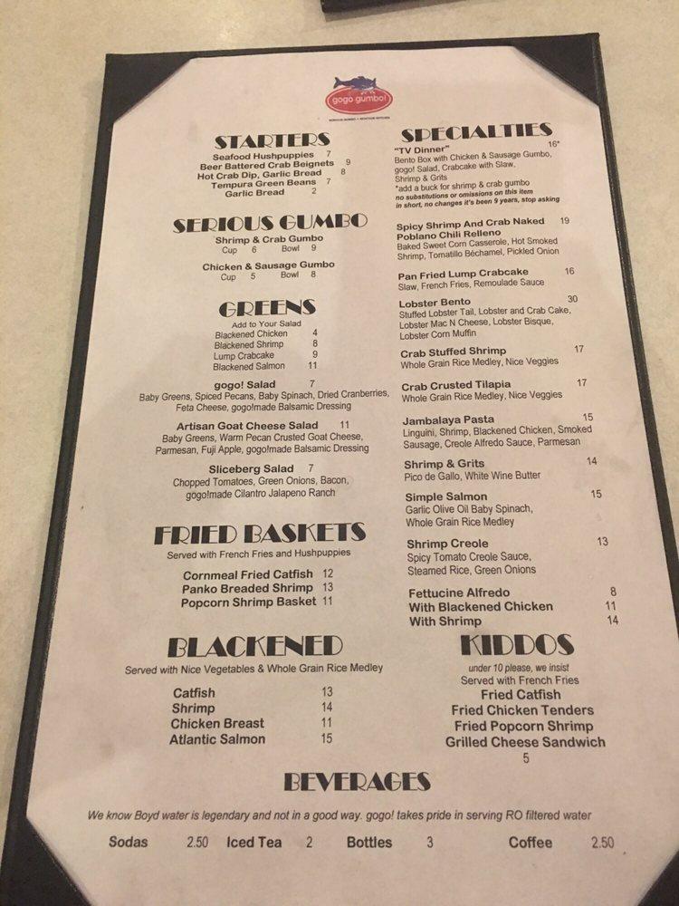 Menu at gogo gumbo! restaurant, Boyd