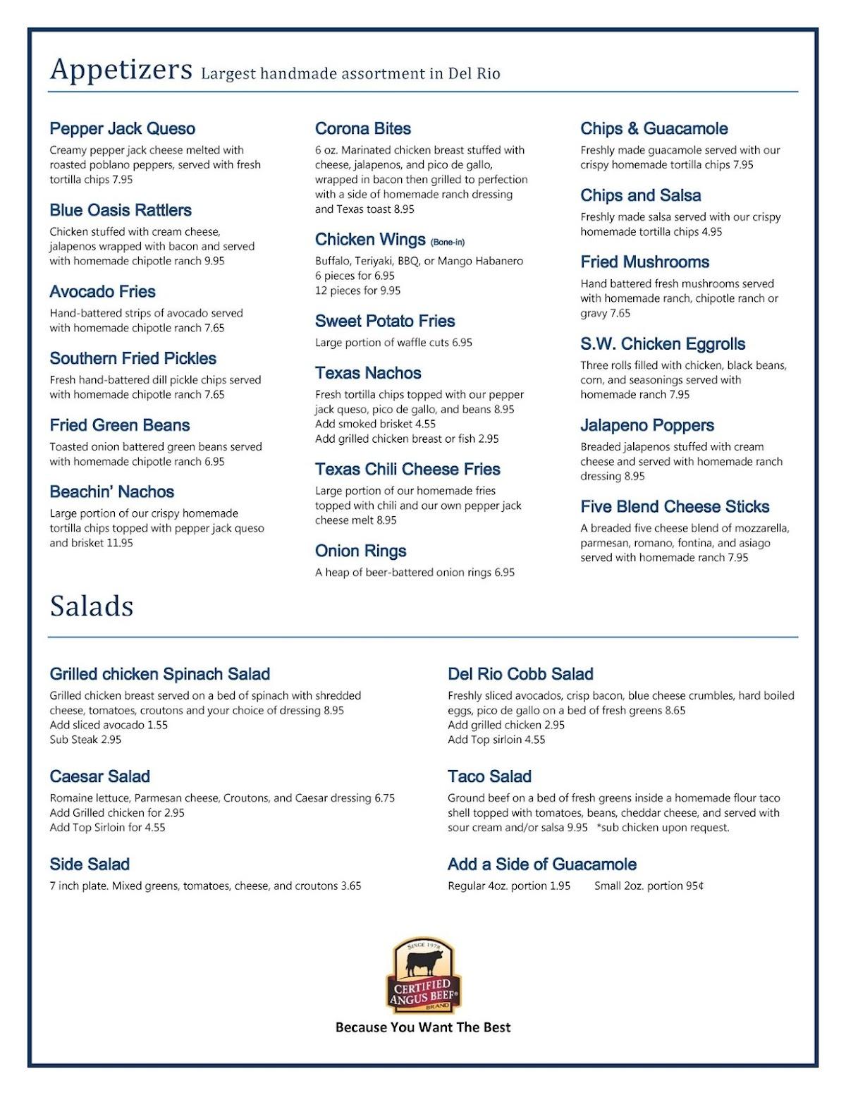 Menu at Blue Oasis Bar & Grill, Del Rio