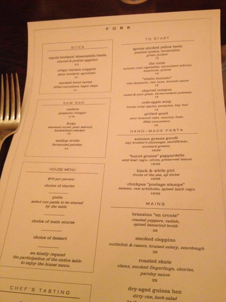 Menu at Fork restaurant, Philadelphia