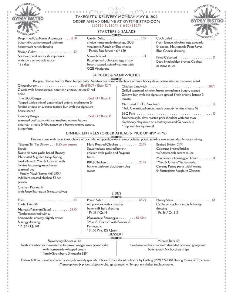 Menu at The Gypsy Bistro restaurant, Lockeford