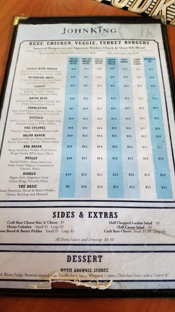 Menu at John King Grill & Dueling Piano Bar, Charleston