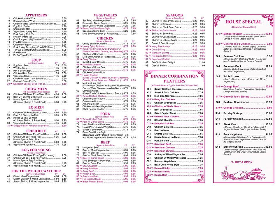 Menu at Mandarin Chinese Restaurant, Clemmons