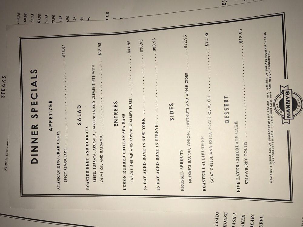 Menu at Manny's Steakhouse, Minneapolis, 825 S Marquette Ave