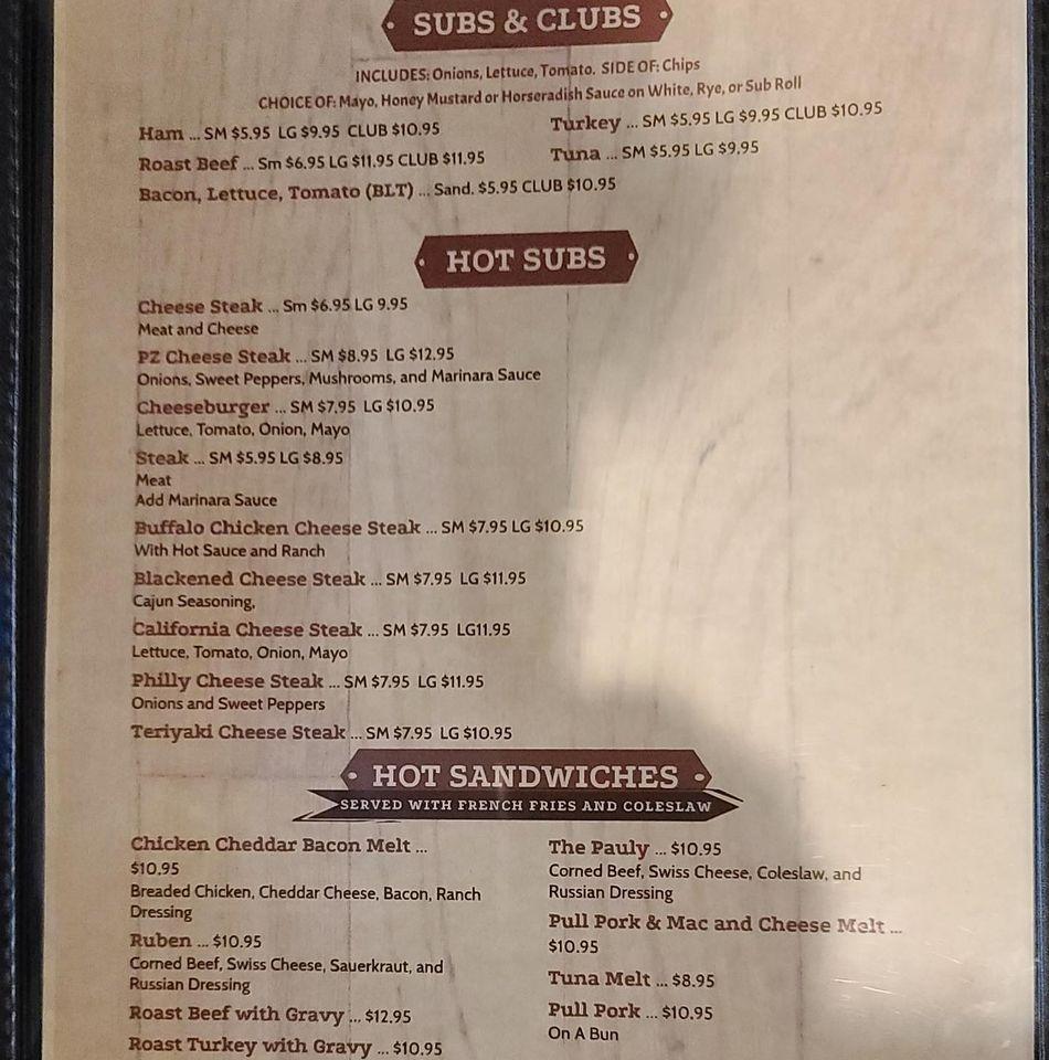 Menu at The Stadium restaurant, Pottsville