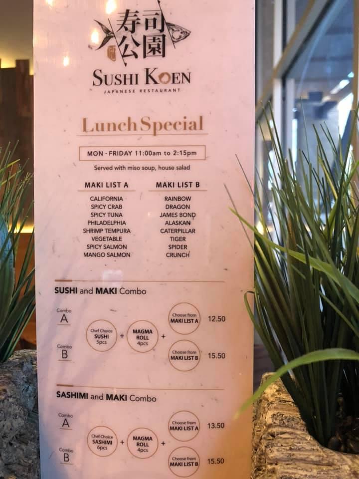 Menu at Sushi Koen restaurant, Round Rock