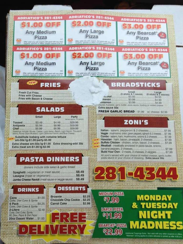 Menu at Adriatico's pub & bar, Cincinnati