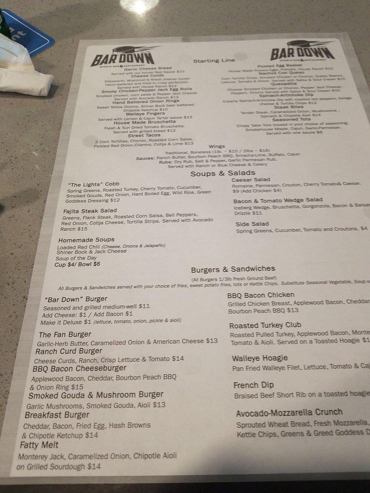 Menu at Bar Down, West Fargo