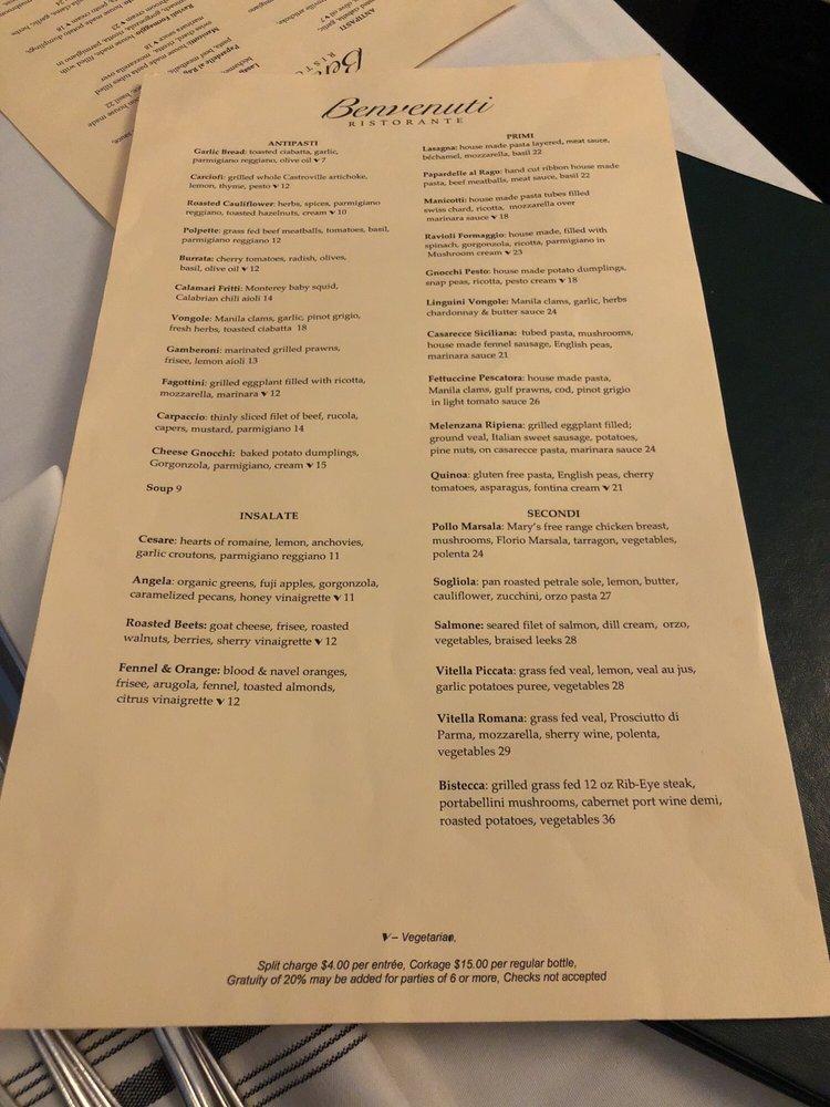 Menu at Benvenuti Ristorante pub & bar, Walnut Creek