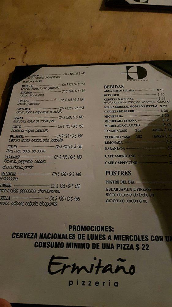 Menu at L'Hermitaño pizzeria, Mexico City, Calle Hamburgo 40-42