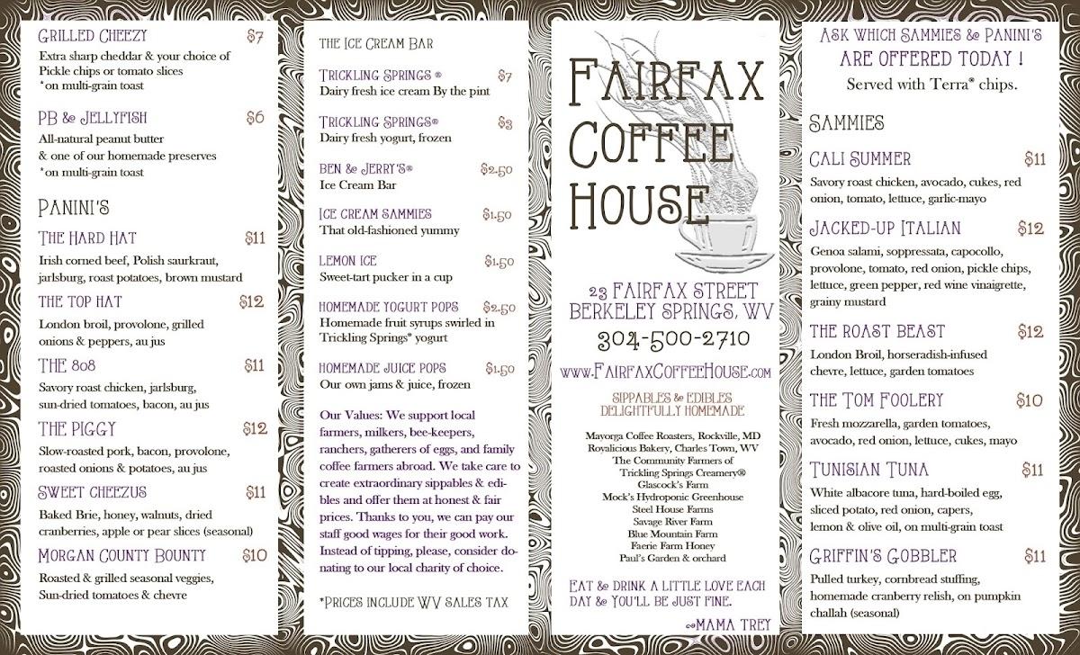 Menu at Fairfax Coffee House, Berkeley Springs