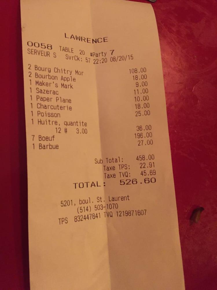 Menu at Lawrence restaurant, Montreal