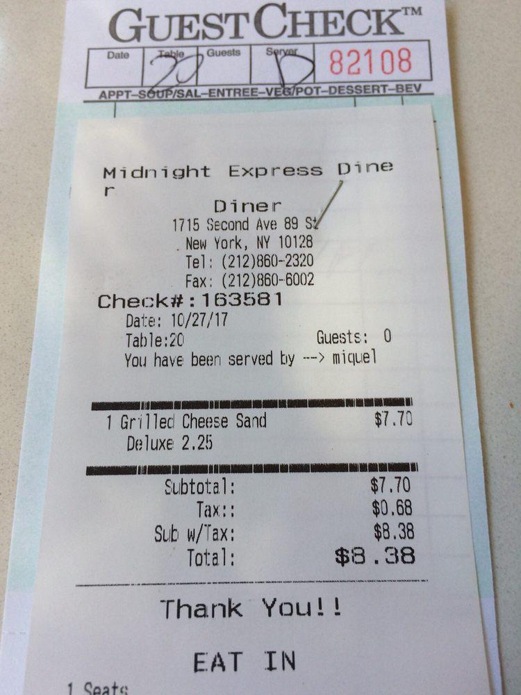 Menu at Midnight Express Diner restaurant, New York City, 2nd Ave
