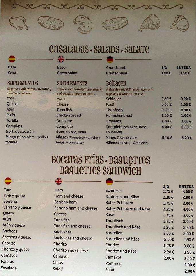 Carta de Bar Mingo, Manacor