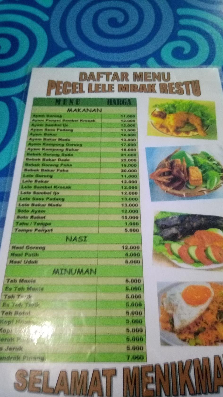 Menu at Pecel Lele Mbak Restu restaurant, Curup