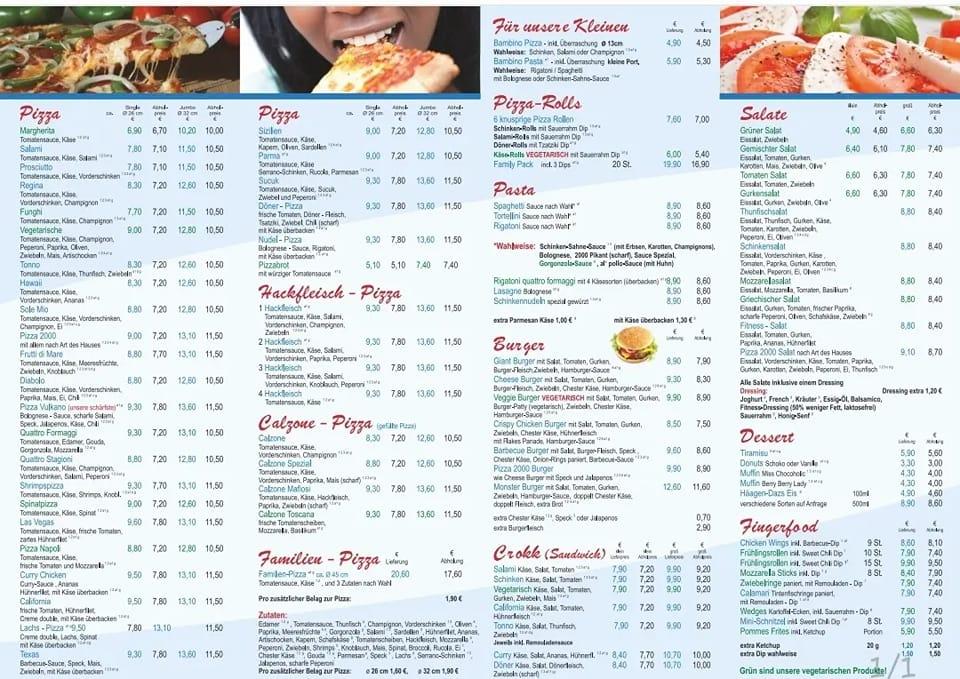 Speisekarte von Pizza 2000, Maisach