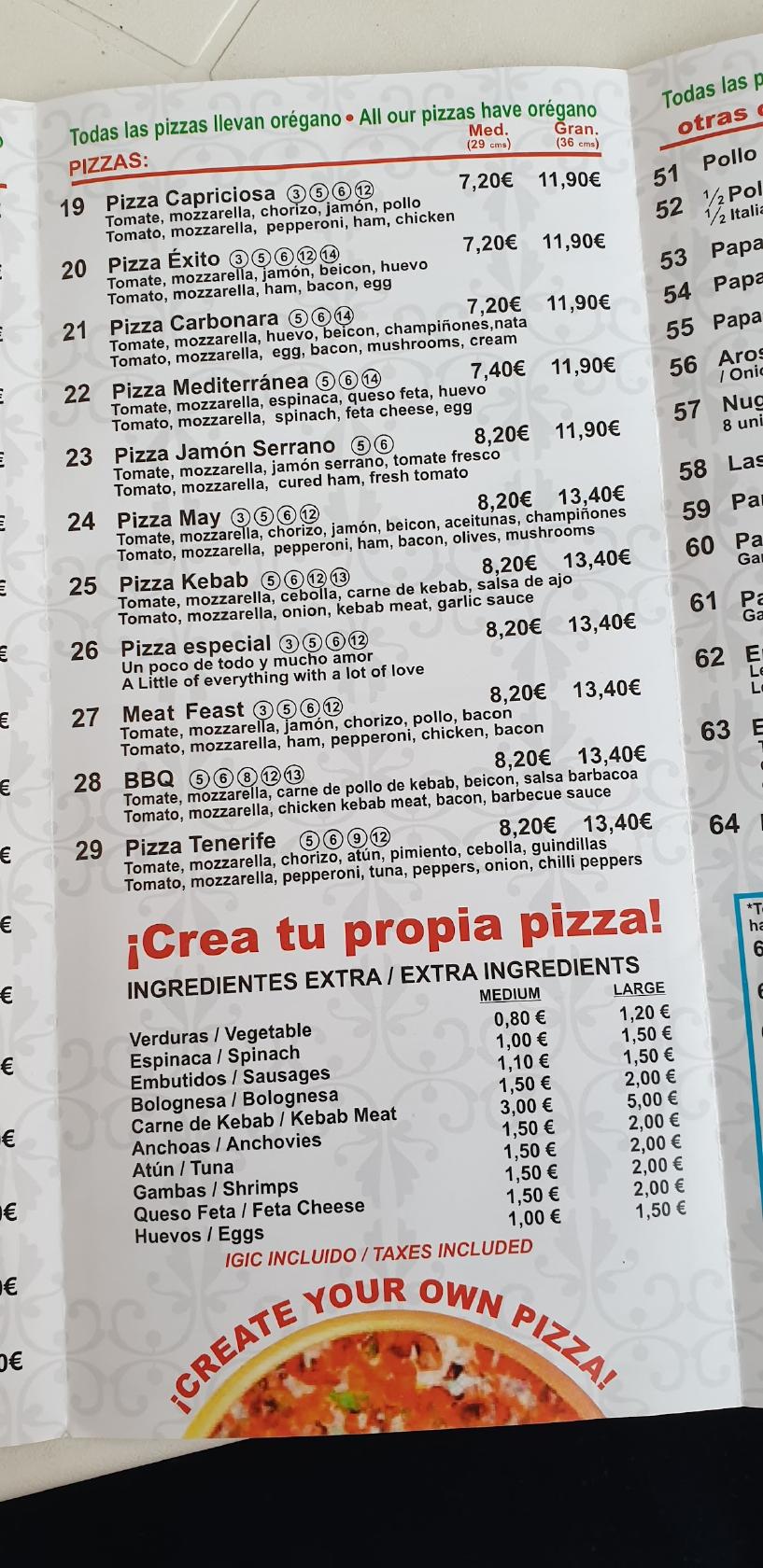 Menu at Pizza May restaurant, Los Cristianos, C. Andorra