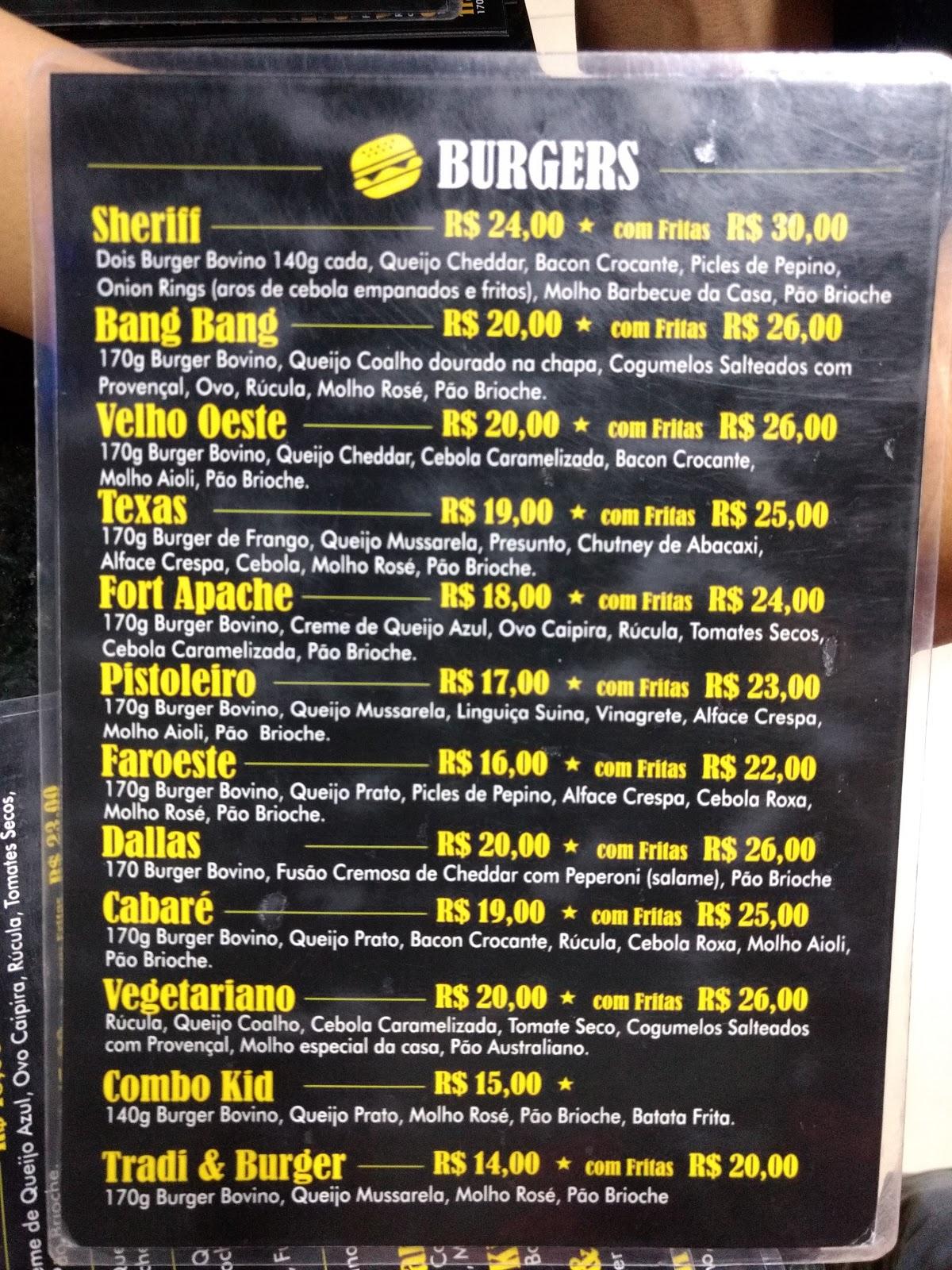 Menu em Sheriff's Burger restaurante, Lins