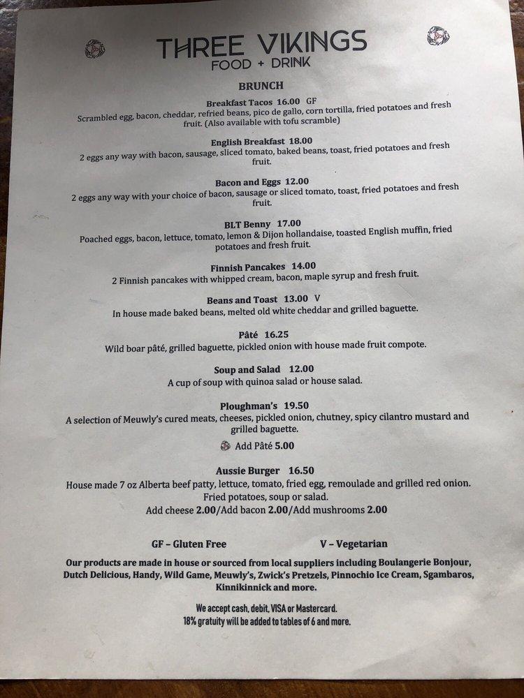 Menu at Three Vikings pub & bar, Edmonton