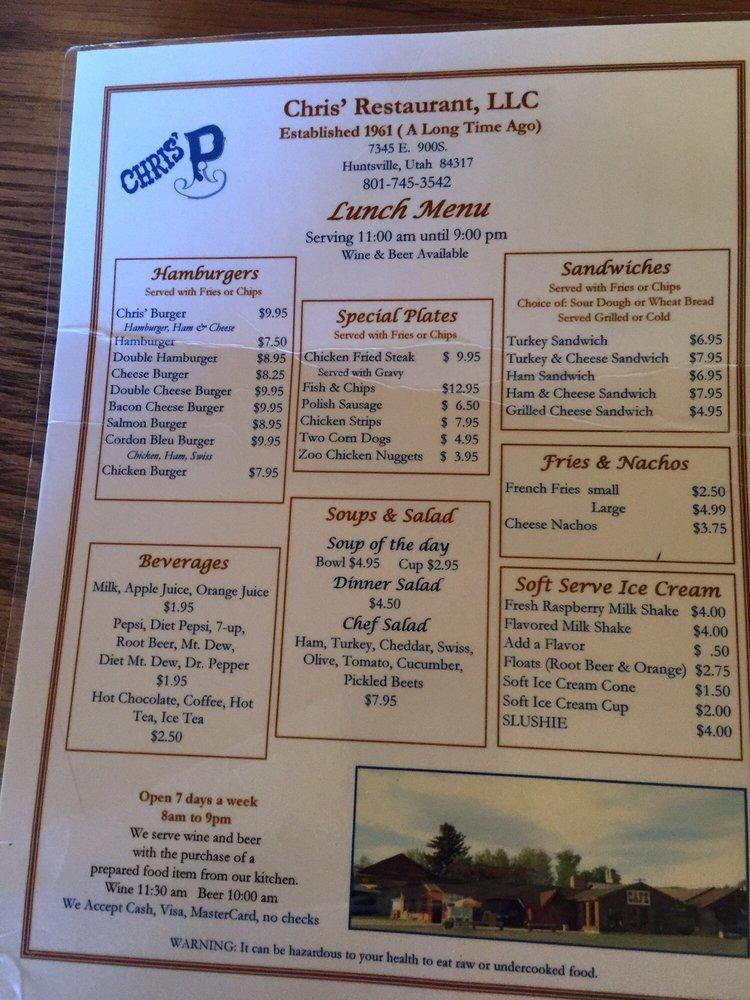 Menu at Chris' restaurant, Huntsville
