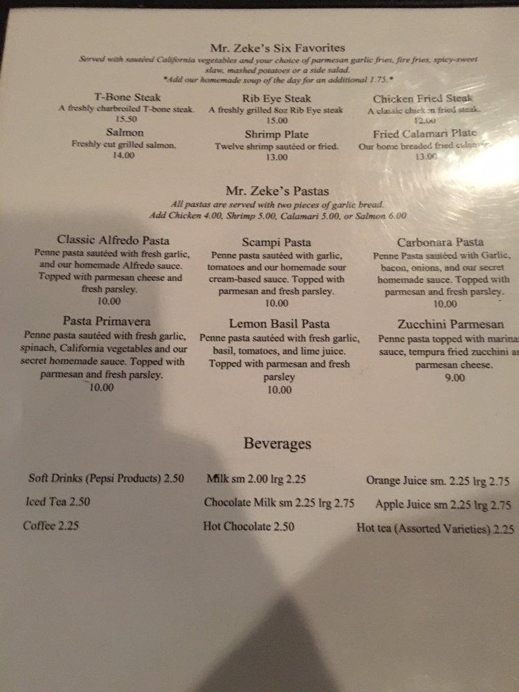 Menu at Mr. Zeke’s Restaurant, Pinetop-Lakeside