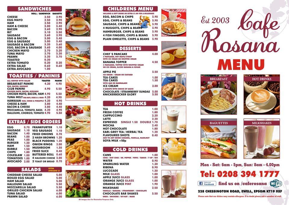 Menu at Cafe Rosana, Epsom