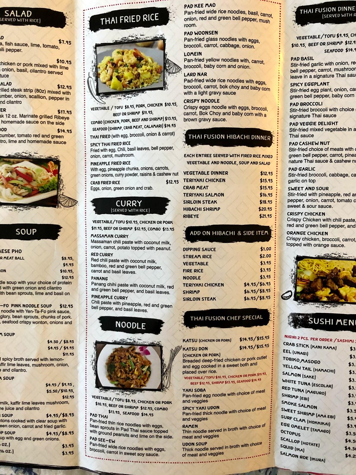 Menu at Thai Fusion restaurant, Mobile