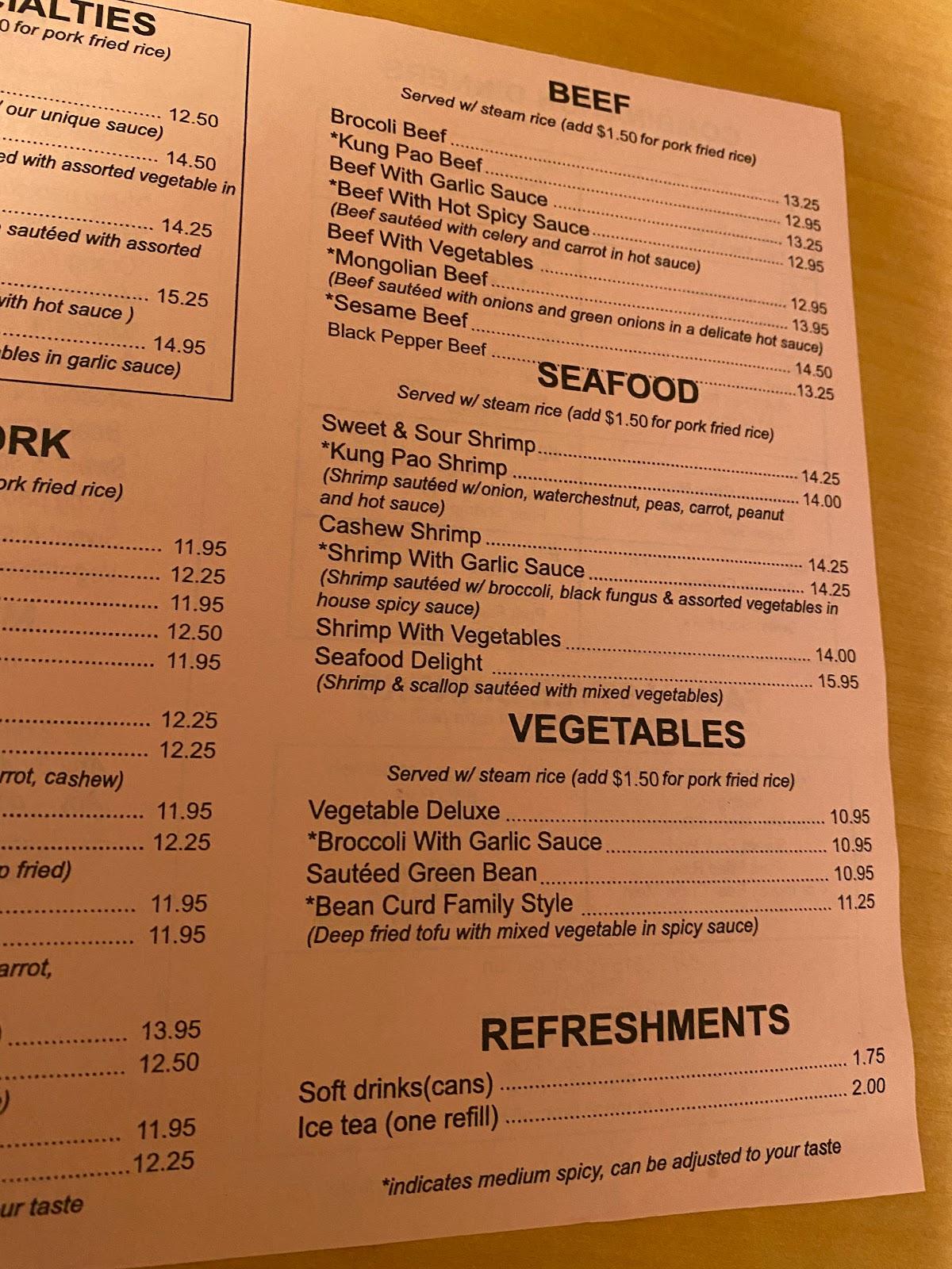 Menu at Wally's Chinese Kitchen restaurant, Canby