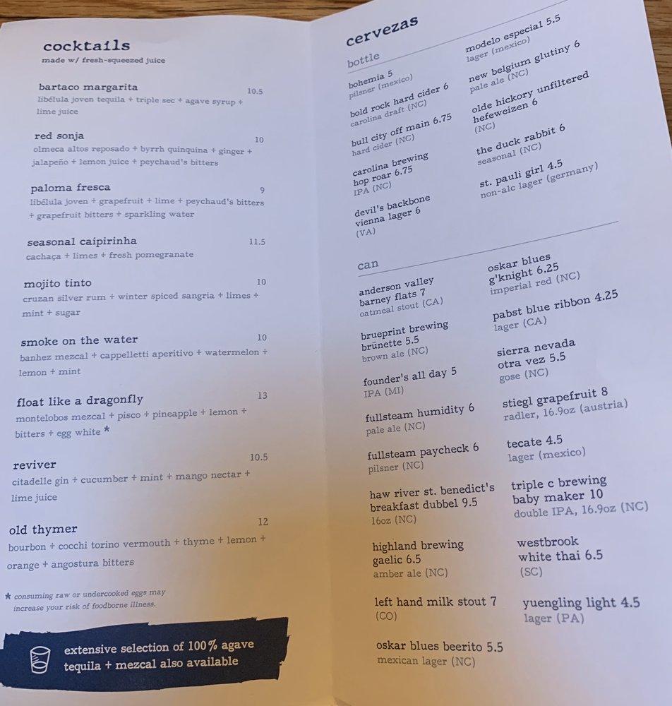 Menu at bartaco, Chapel Hill