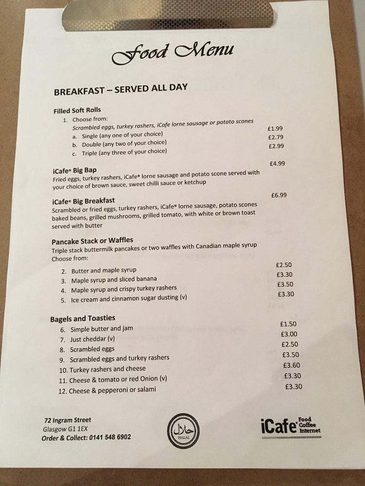 Menu at iCafe Merchant City, Glasgow, 70-72 Ingram St