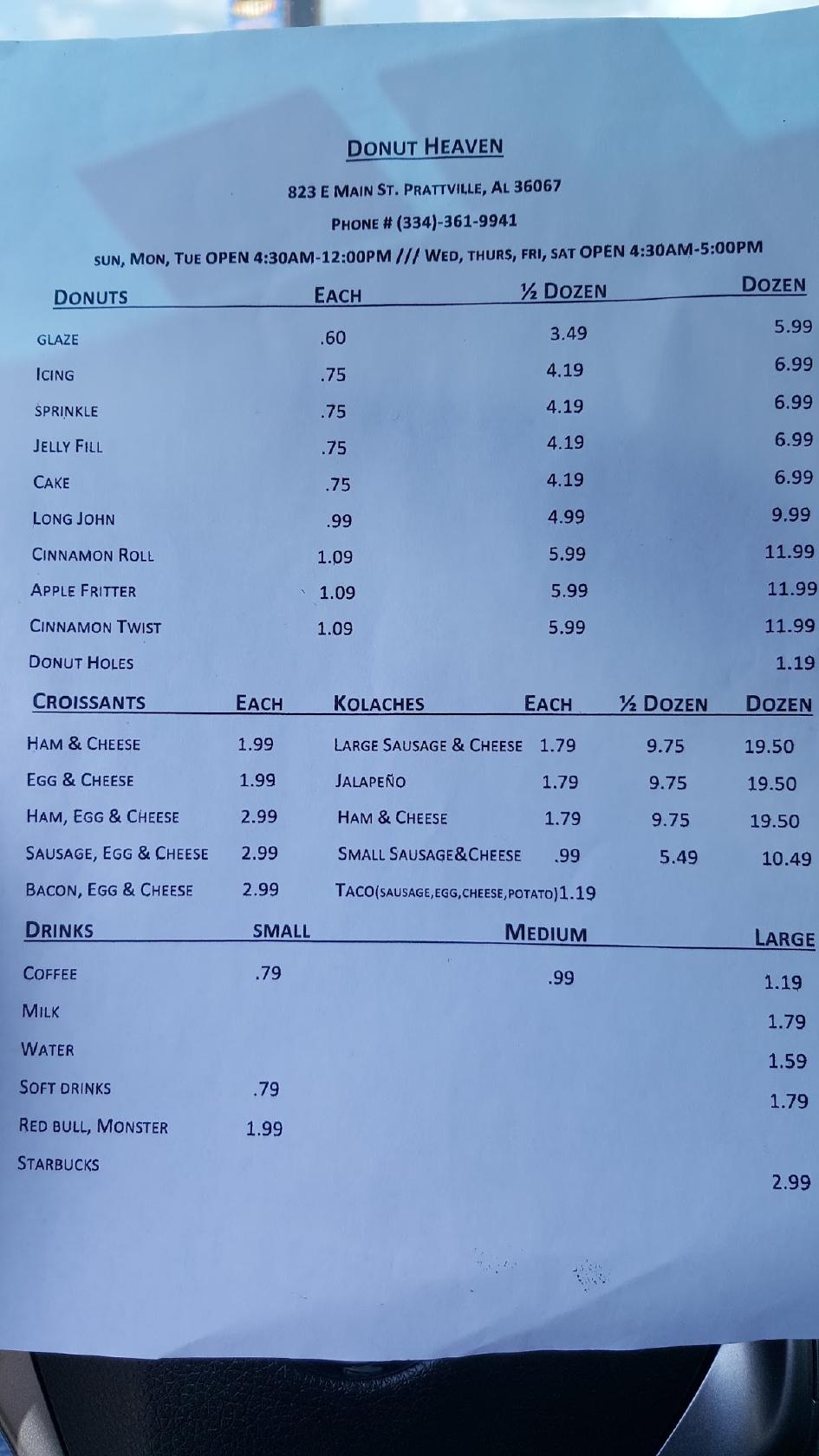 Menu at Donut Heaven, Prattville