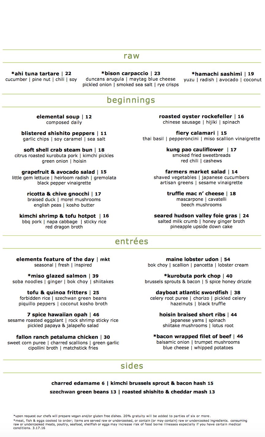 Menu at elements restaurant, Paradise Valley, E McDonald Dr