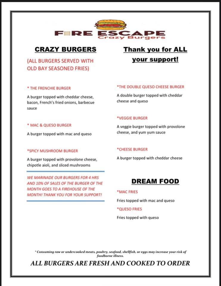 Menu at Fire Escape Food Truck, USA