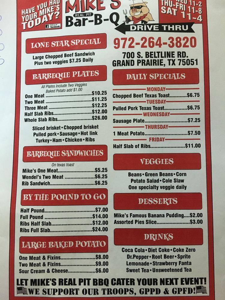 Menu at Mike's Real Pit Bar-B-Que, Grand Prairie
