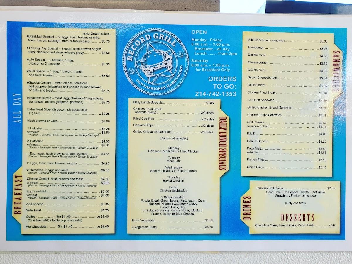 Menu at Record Grill restaurant, Dallas