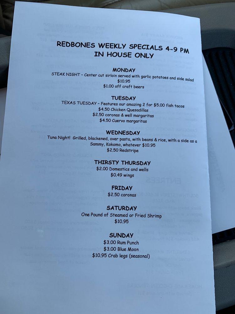 Menu at Red Bones Raw Bar Seafood Grille, Chesapeake