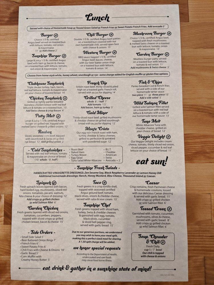 Menu at Sunshine Cafe, Sequim