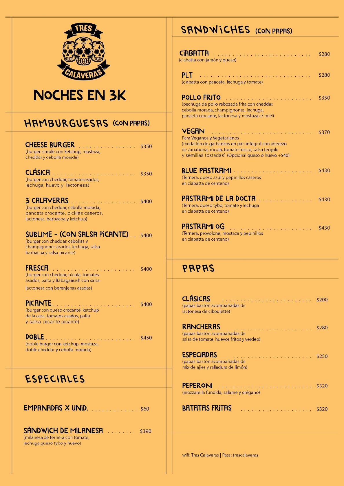 Carta del pub y bar Tres Calaveras, Córdoba