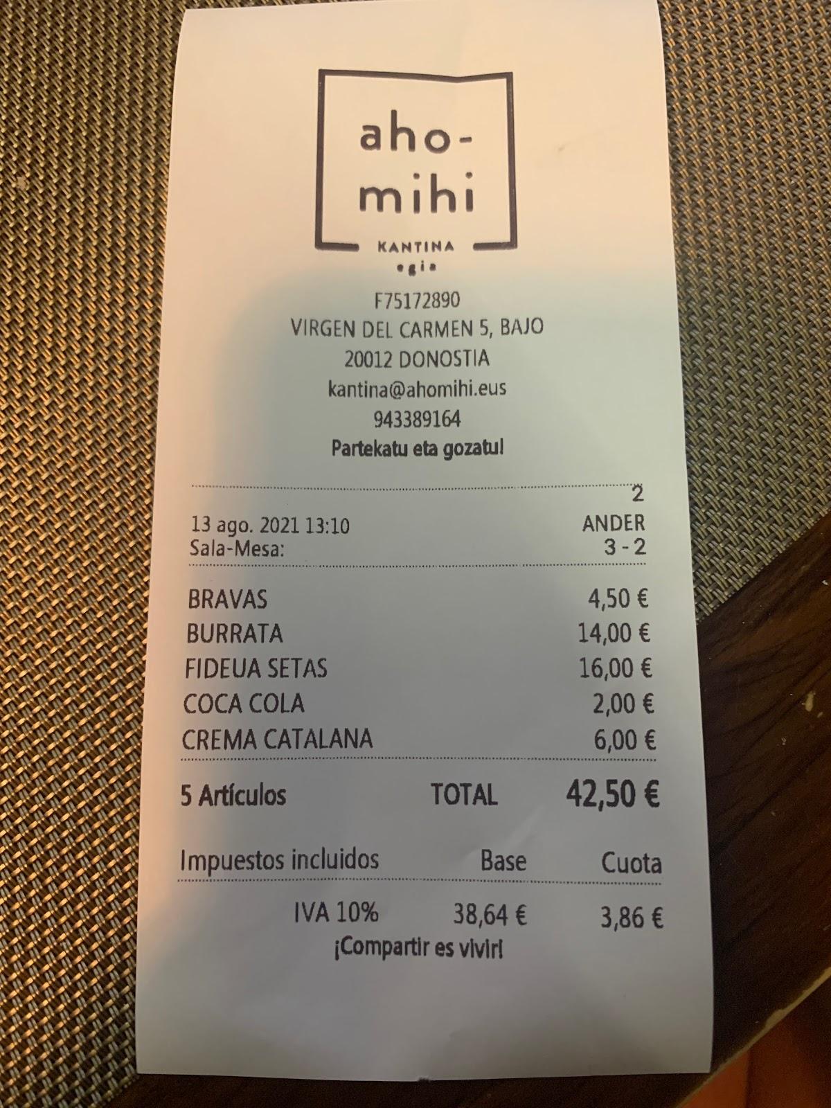 Carta del restaurante aho-mihi, San Sebastián