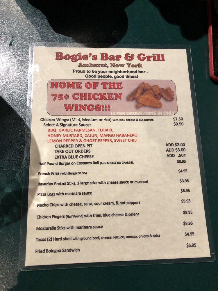 Menu at Bogie's Bar, Amherst