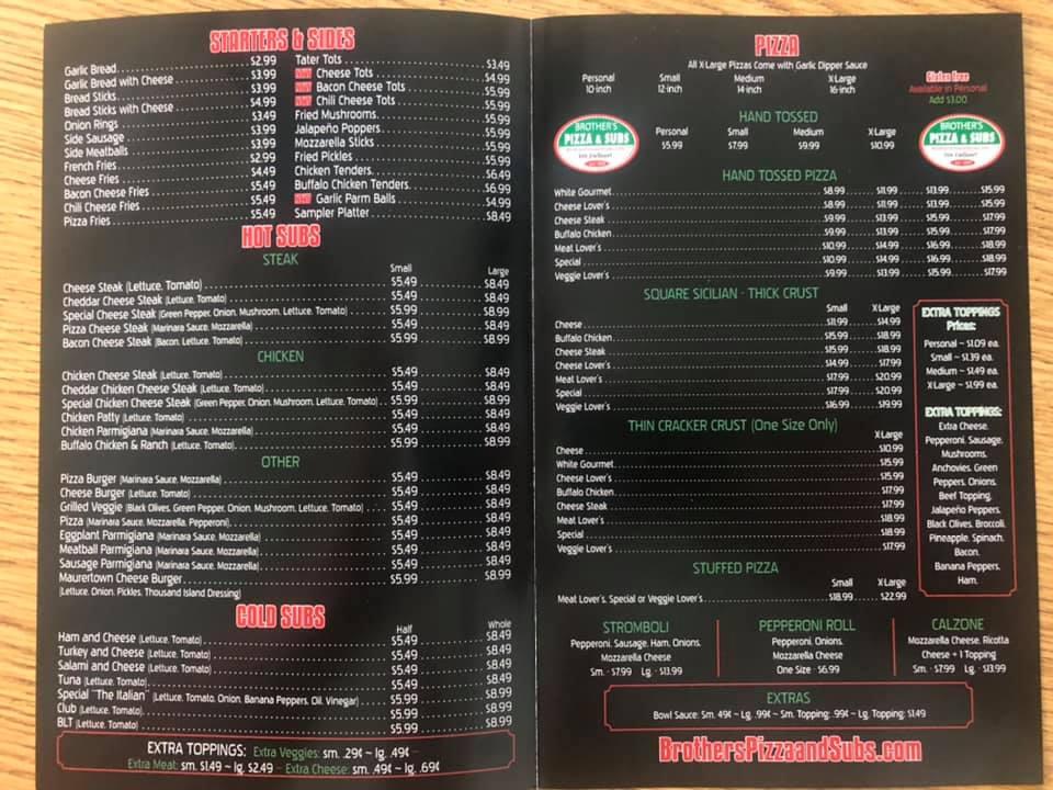 Menu at Brother's Pizza and Subs pizzeria, Maurertown